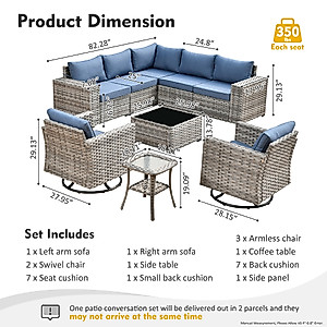 XIZZI Patio Furniture Sets Outdoor Sectional Sofa with Swivel Rocking Chairs,9 PCS All Weather PE Wicker Outside Conversation Couch with Coffee and Side Table for Backyard Deck Garden,Denim Blue