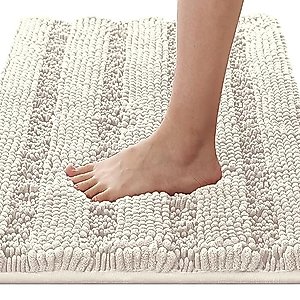 H.VERSAILTEX Bathroom Rugs Bath Rugs for Bathroom Non Slip Bath Mats Extra Thick Chenille Striped Rug 17" x 24" Absorbent Soft Shaggy Washable Dry Fast Bath Mats for Bathroom Floor - Ivory
