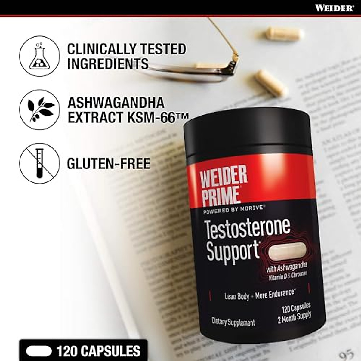 Weider Prime Testosterone Supplement for Men, Healthy , Support to Help Boost Strength and Build Lean Muscle, 120 Capsules