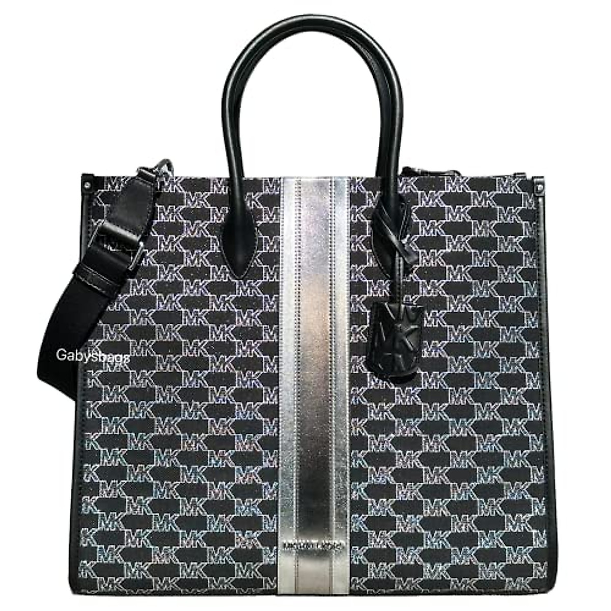 Michael Kors Mirella Large Tote Crossbody Black Jacquard Silver Glitter MK Logo (Black Silver Multi)