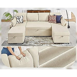 VanAcc Sleeper Sofa, 110 inch Overisze - 2 in 1 Pull Out Bed, Sectional Sleeper Sofa with Double Storage Chaise for Living Room, Beige Chenille Couch