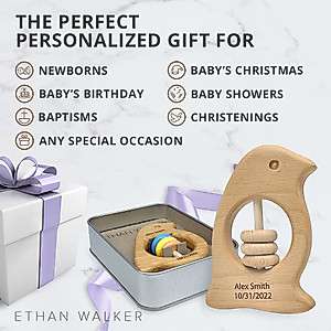 Personalized Wooden Baby Rattle Teether Gift with Baby Name Engraved – A Perfect Keepsake - Infant and Newborn Toys – Baby Girl or Boy Rattle and Teething Toy – Penguin Natural