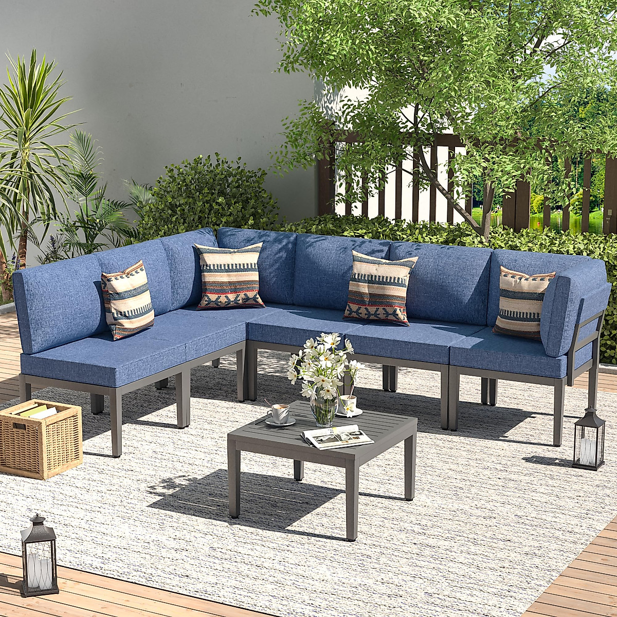Kullavik Patio Furniture Set,7 Pieces Metal Modern Outdoor Furniture,Outdoor Sectional Sofa w/5.1" Cushions and Coffee Table for Patio,Backyard，Navy Blue