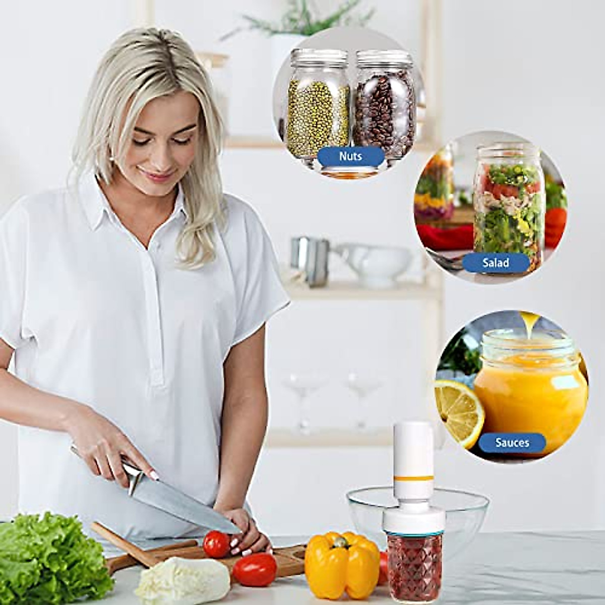 Mason Jar Vacuum Sealer,Electric Vacuum Sealer Kit for Wide-Mouth & Regular-Mouth Mason Jar,Rechargeable Automatic Food Vacuum Sealer with 8pcs Canning Lids Set