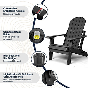 Folding Adirondack Chairs Set of 4, All Weather Resistant Plastic Chairs with Cup Holder, Fold or Unfold Easily in 1 Second, Outdoor Chairs for Patio, Garden, Backyard Deck, Lawn Fire Pi t- Black