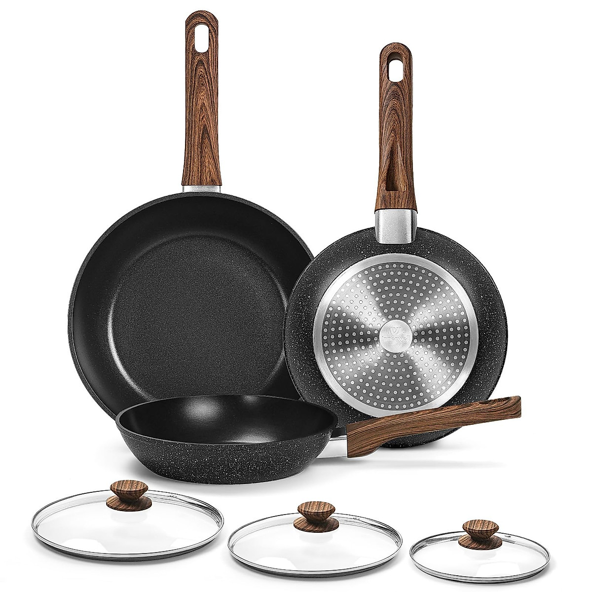Frying Pan Set With Lids - Non Stick Frying Pans Set 3 Pcs, Nonstick Skillet Pans Set Egg Omelette Pan W/Lid, PFOA Free, Induction Non Toxic Cooking Black Pan Set
