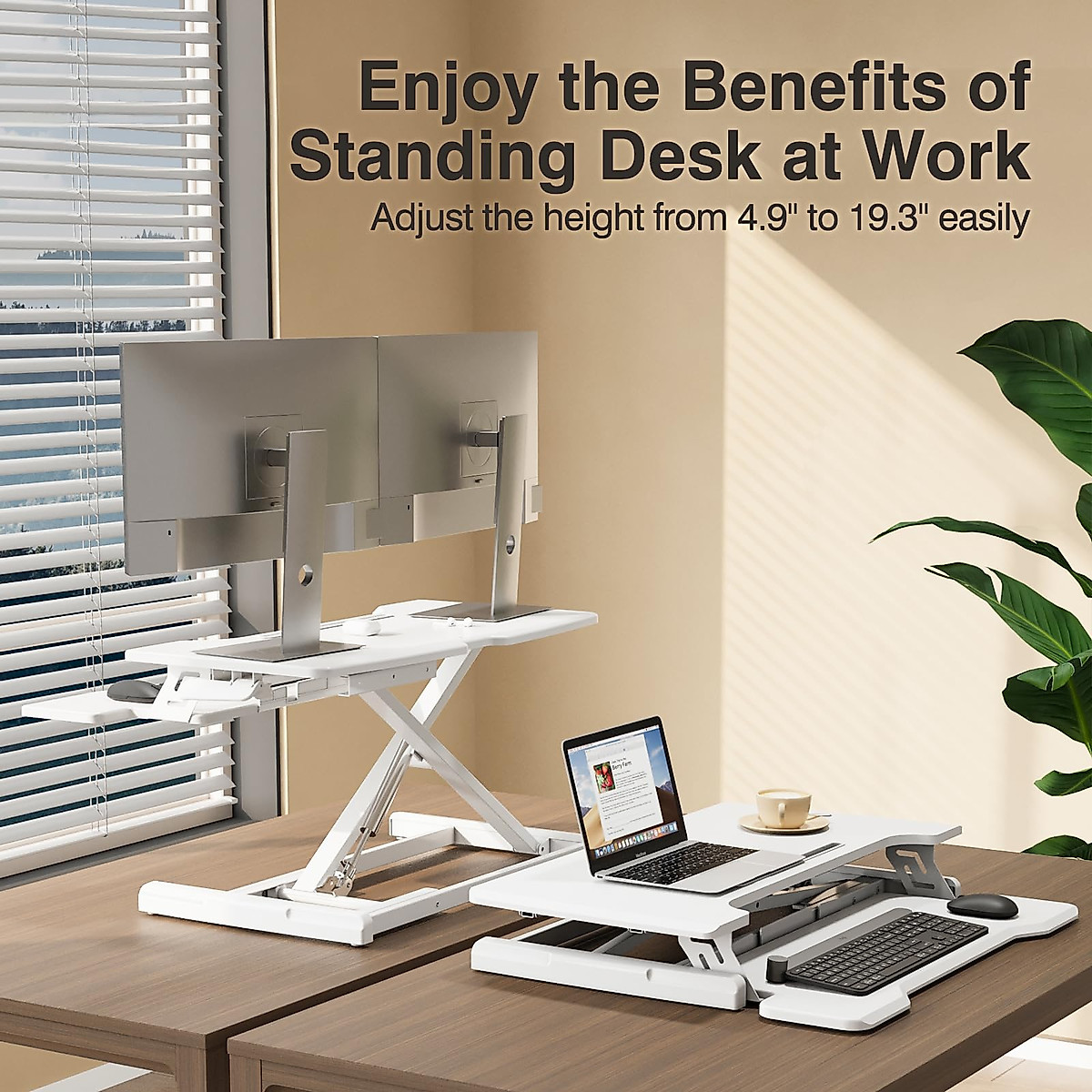 JYLH JOYSEEKER Standing Desk Converter 30 Inches Sit Stand Desk Riser, Height Adjustable Sit Stand Desktop Riser Workstation for Home Office with Keyboard Tray for Laptop, White