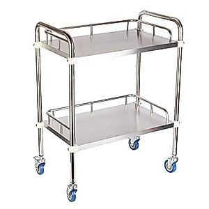 Baoz 2 Layers Lab Serving Cart Stainless Steel Utility Rolling Carts Medical Clinic Trolley with Silent Omnidirectional Lockable Wheels for Laboratory, Hospital, Dental, Restaurant Hotel and Home Use
