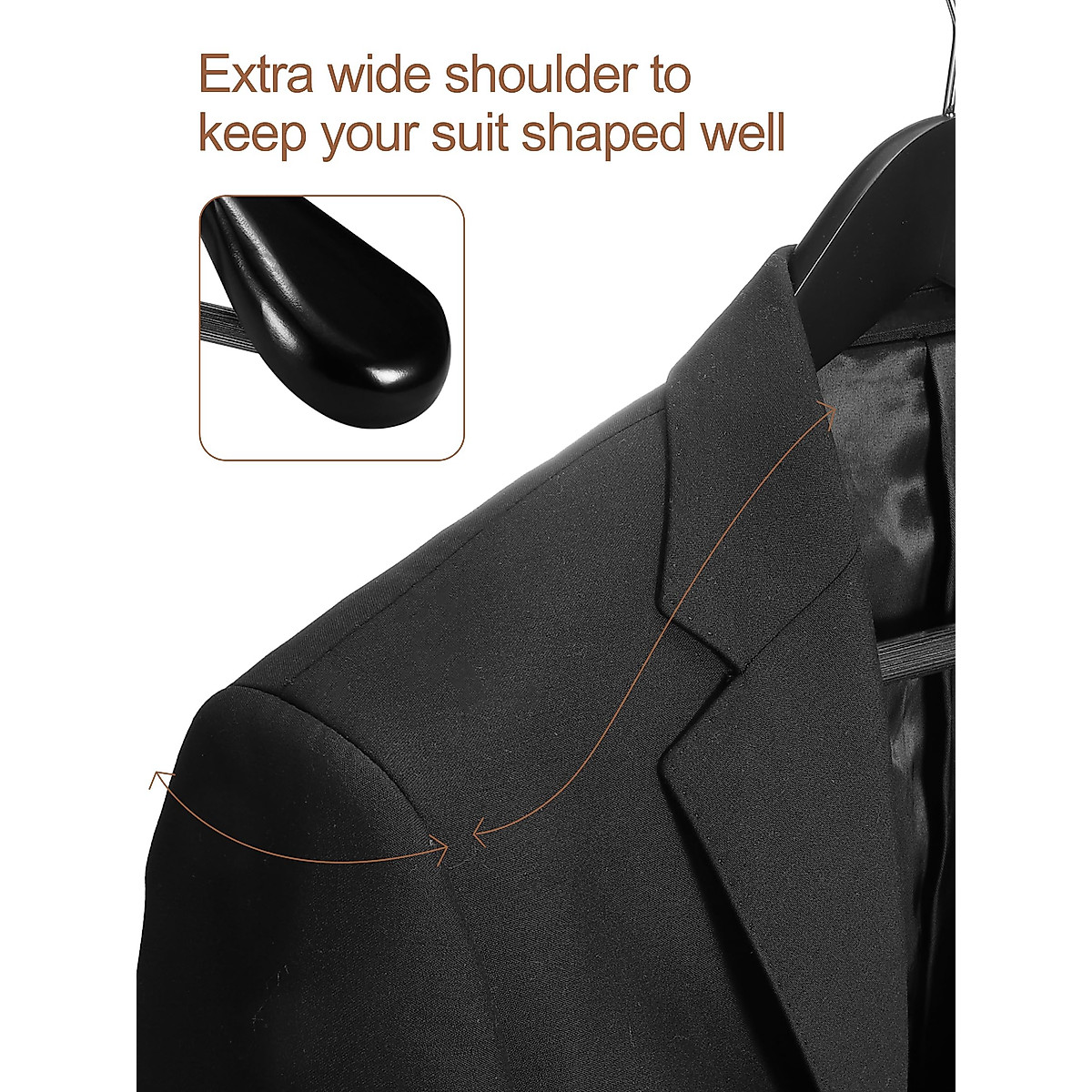 HOUSE DAY High-Grade Suit Hangers, Wide Shoulder Wooden Hangers with Non Slip Pants Bar, Smooth Finish 360° Swivel Hook Solid Wood Coat Hangers for Dress, Jacket, Heavy Clothes Hanger 6 Pack (Black)