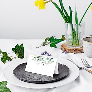 Whaline 100Pcs Greenery Place Cards 2 x 3.5 Inch Watercolor Green Leaves Tented Cards Blank Table Name Sign for Wedding Banquet Bridal Baby Shower Birthday Party Table Setting Supplies