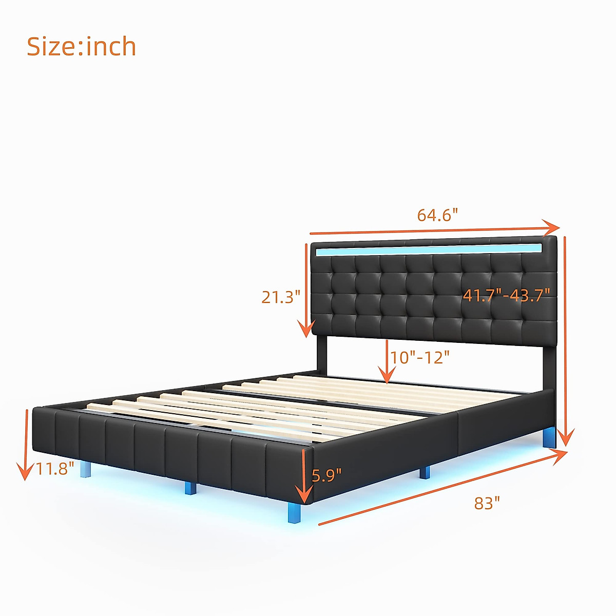VilroCaz Queen Size Upholstered Platform Bed with LED Lights and USB Charging, Floating Bed Frame Mattress Foundation with Sturdy Slatted Support, No-Noise Design (Black-Float)