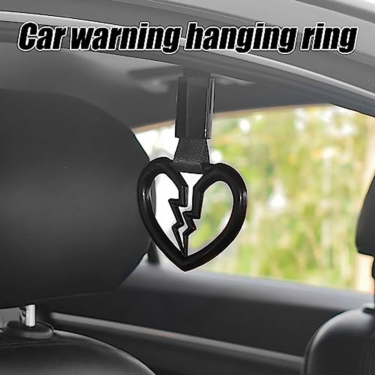 2 PCS Broken Heart Shaped Car Handle Straps Hang Ring Rear Bumper Warning Ring Decorative Subway Train Bus Handle Hand Strap Drift for Car Interior (Black)