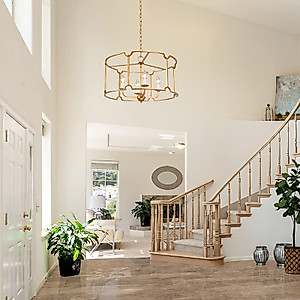 LALUZ Gold Drum Chandelier, 4-Light Modern Dining Room Chandelier Lighting, Large Round Gold Pendant Light Fixture for Kitchen, Foyer & Living Room, Brushed Antique Gold Finish, 22’’ D x 15’’ H