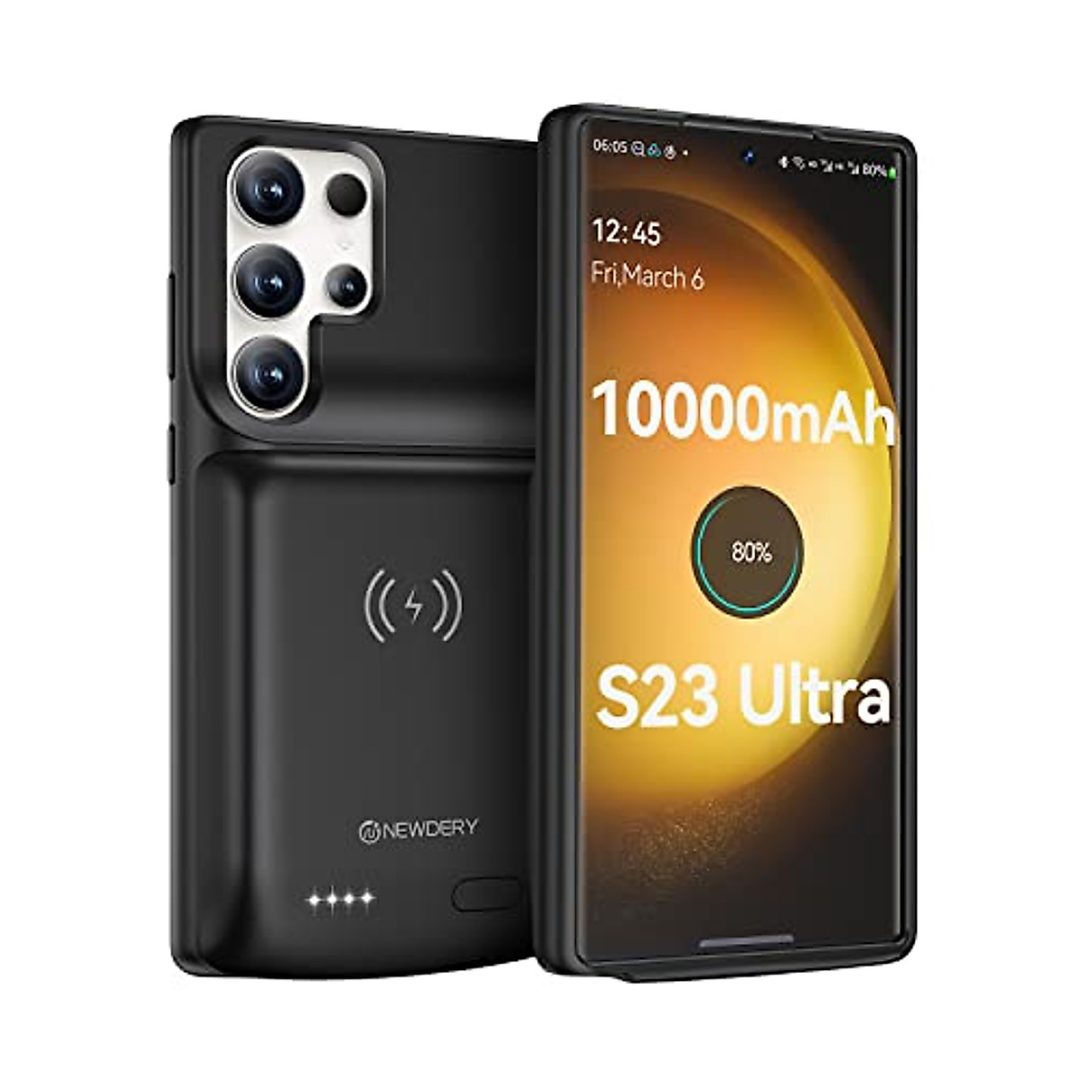 NEWDERY Galaxy S23 Ultra Battery Case 10000mAh, Qi Wireless Charging, Fast Charging, Sync Data Supported, Powerful Portable Rechargeable Charger Case for Samsung S23 Ultra 5G 6.8" Black