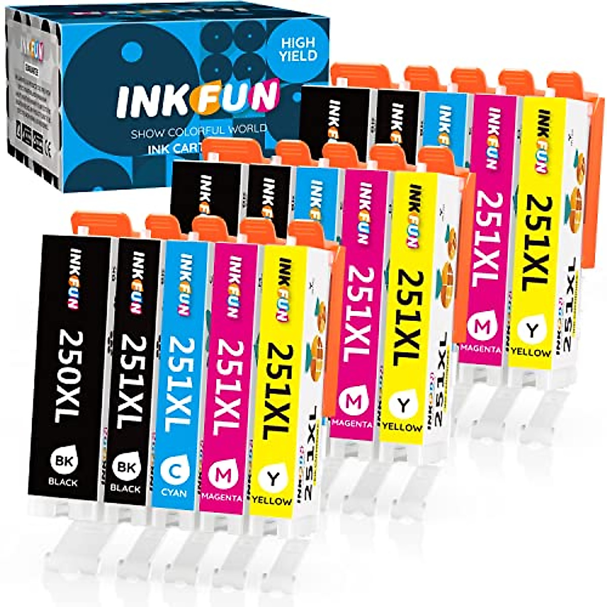 INKFUN Canon 250 XL 251 XL 250XL Compatible Ink Cartridges Replacement for PGI-250XL CLI-251XL with Canon PIXMA MX922 MG5420 MG5520 MG6320 Printer 15 Pack (3 Black,3 PGBK,3 Cyan, 3 Magenta,3 Yellow)