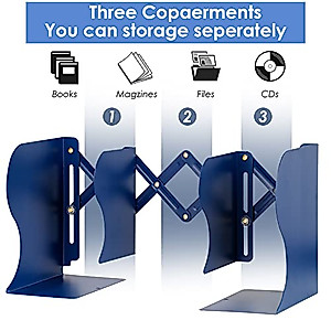 Hossejoy Adjustable Bookends, Heavy Duty Metal Book Ends, Expandable Bookcase Book Holder Stand Shelf Rack for Student Office Book File Organizer Storage, Extends up to 19 inches (Blue)