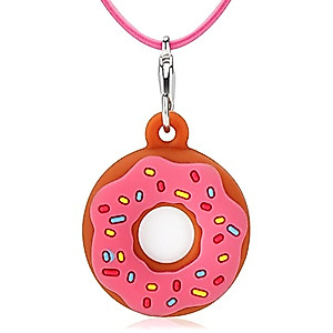 Mouzor AirTag Holder Case, Cute Doughnut Airtag Necklace with Adjustable Stopper for Kids Children, Soft Silicone Shockproof Air Tag Holder Cover with 29 inch Elastic Lanyard (Pink)