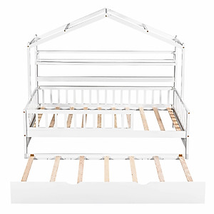 House Bed with Trundle and Storage Shelves Kids Twin Size Montessori Bed with Fence Rails Wood Playhouse Tent Bed Frame for Girls Boys, White