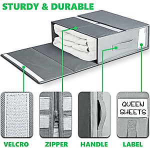 BIORM Bed Sheet Set Organizer 4 Pack, Foldable Storage Box for Queen/King Size Duvet Cover Set, Grey Linen Closet Organizer for Bed Sheets, Duvet Covers and Pillowcases