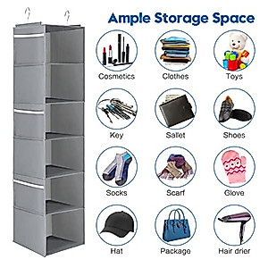 coastal rose 6 Shelf Hanging Closet Organizer with Drawers,Foldable Hanging Closet Organizers and Storage,Closet Hanging Storage Shelves with Pockets,Hanging Clothes Storage Organizer,Grey