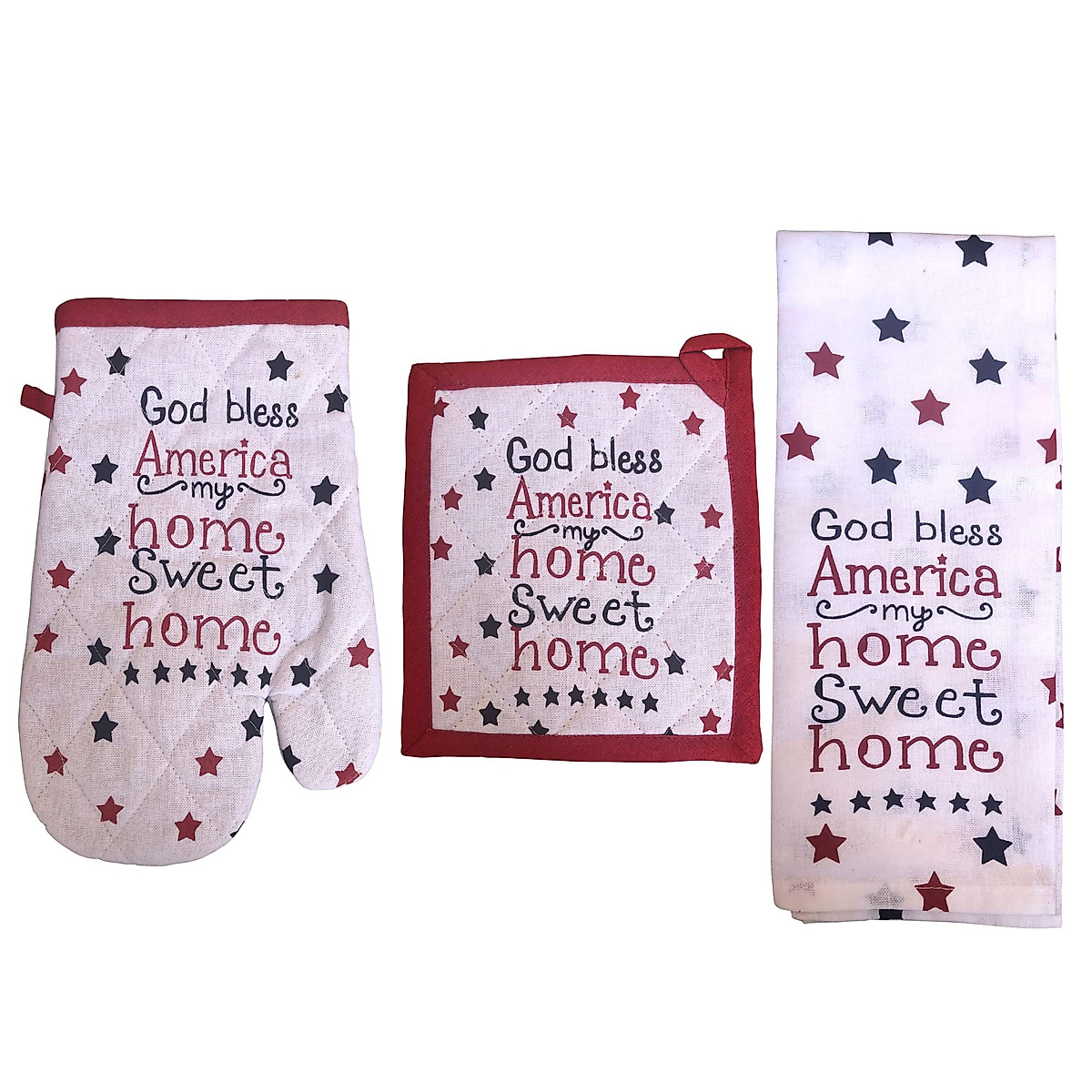 God Bless America Patriotic BBQ Americana Oven Mitt, Pot Holder, Kitchen Towels & Wooden Cooking Spoon 5 Piece Kitchen Set