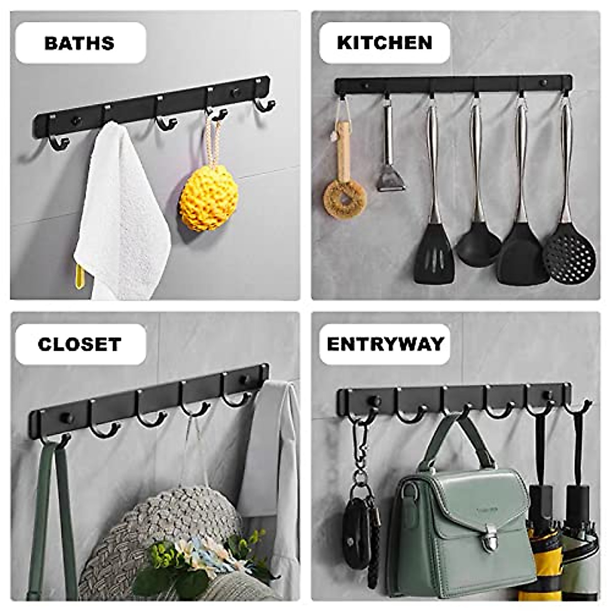 Coat Hooks Wall Mounted 2 Pack 5-Hook Coat Rack Hooks Heavy Duty Wall Hooks Hat Hanger No Drilling Hook Rack Bathroom Entryway Kitchen Door Hanging Jacket Backpack Key Towel Cup Cloth (Aluminum Black)