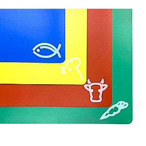 4pc Cutting Boards Flexible Plastic Color Coded Mats Food Icons Meat Vegetable Fish Chicken Chopping Small Busy Kitchen Countertops Catering Thanksgiving Picnic Dinner Party 9.75’’ x 11.75’’