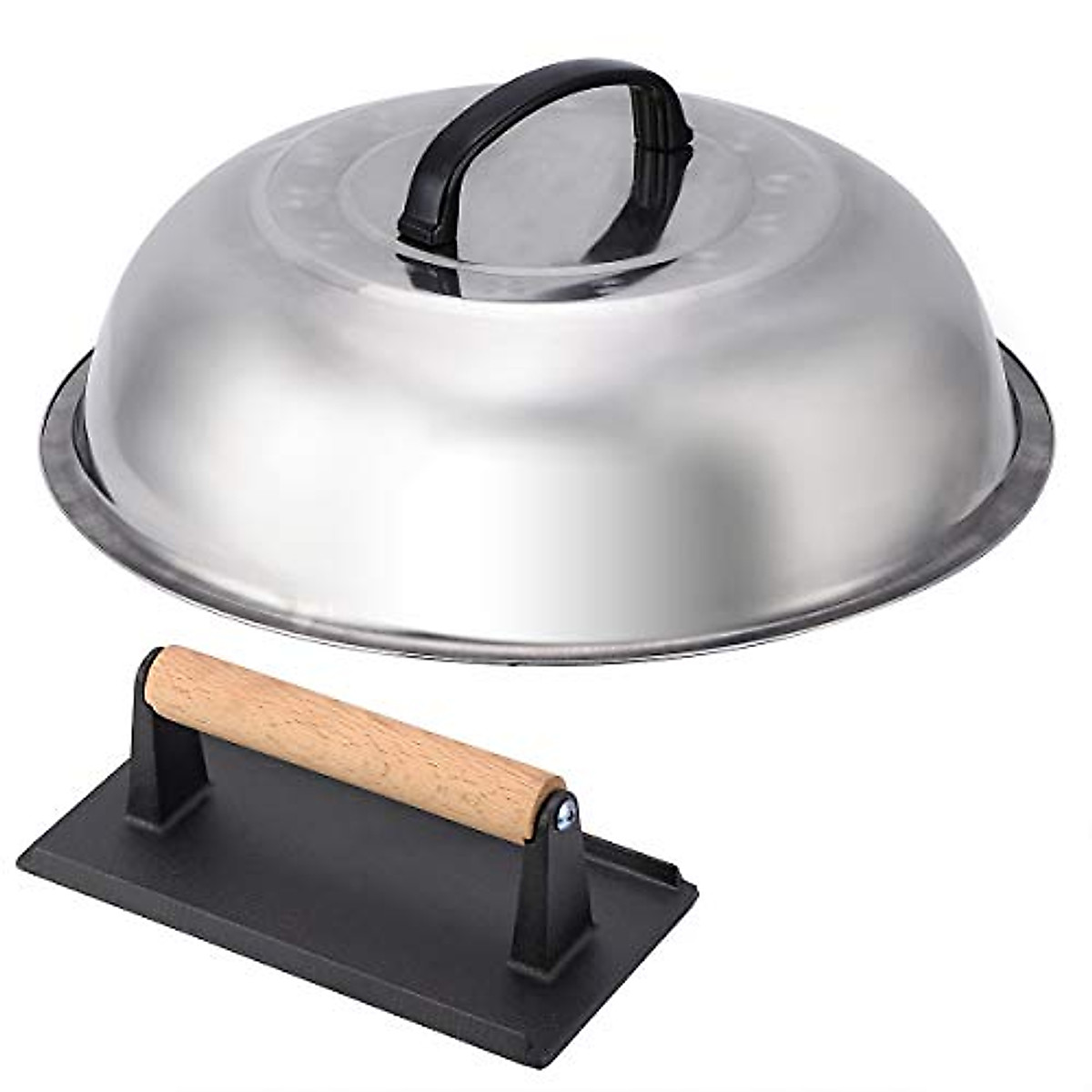 NEWANOVI Griddle Accessories for grills, Stainless Steel 12 Inch Basting Cover and Heavy Duty Cast Iron Grill Press Kit, Perfect for Flat Top Hibachi Grill, Making Hamburger Bacon Steak