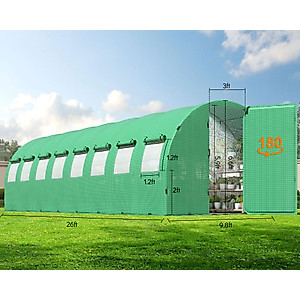 Papababe 26x10x7ft Large Walk-in Greenhouse for Outdoors with Watering System Upgraded Swing Door Tunnel Greenhouse kit, Heavy Duty Galvanized Steel Frame,Ground Pegs & Film Clips,16 Windows, Green