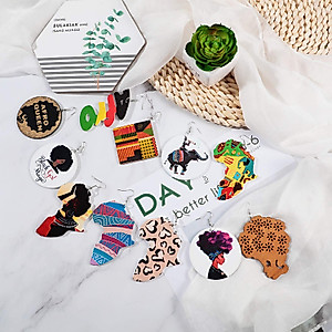 12 Pairs African Map Wooden Earrings African Women Dangle Earrings Natural Ethnic Earrings (African Afro Styles)