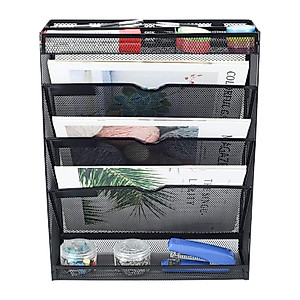 EasyPAG Desk File Organizer Mesh 5-Tier Hanging Wall Mount File Holder Desktop Vertical Mail Paper Folder Holder Stand Rack with Bottom Tray and Accessories Organizer for Office Home,Black