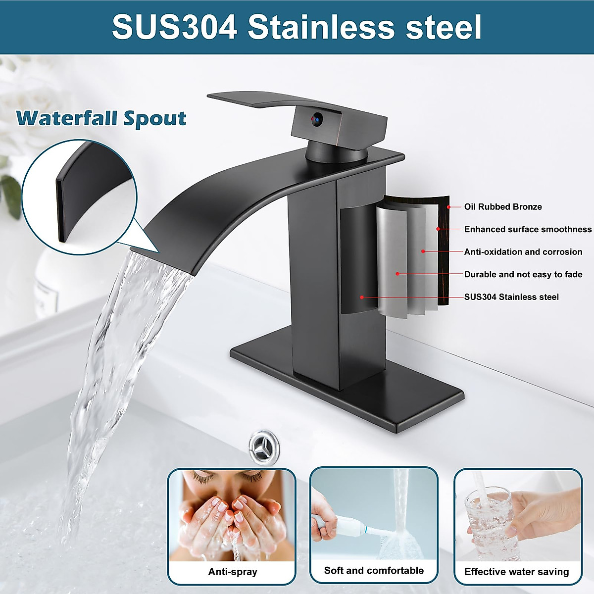 Midanya Oil-Rubbed Bronze Waterfall Bathroom Sink Faucet Single Hole 1 Handle Deck Mount Mixer Tap Lavatory Vanity Faucet with Deck Plate and Pop Up Drain