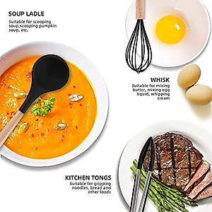 Kitchenware Set wood and silicone 12-piece non-stick frying cooking baking utensils (BPA Free) (Black)