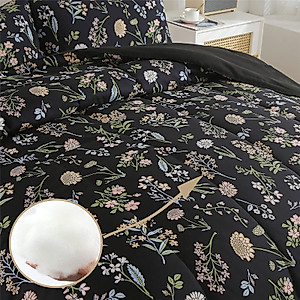 Floral Comforter Set Queen Size, Yellow Green Botanical Flower Leaves Printed Comforter for Kids Teen Women, 3 Piece Soft Microfiber Bedding Set with 2 Pillow Cases for All Season(Black,Queen)