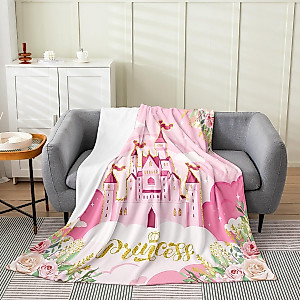 Princess Theme Blanket for Kids,Pink Castle Dreamy Fleece Throw Blanket for Girls Bedroom Sofa Dorm Decor,Flowers Garden Fairy Tale Fuzzy Lightweight Bed Blanket,Baby (30" x 40")