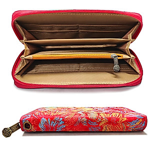 Yongkai Women's Wallet Canvas Wristlets Bag Zip Around Clutch Holder Clutch with Removable Strap Featured Embroidered Multi-card Slot Wallet(Red Flowers)