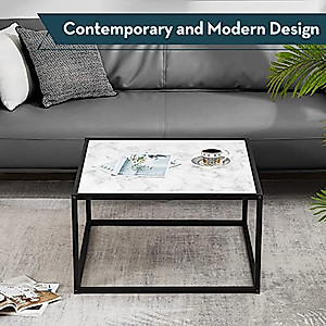 SAYGOER Marble Coffee Table Small Square Coffee Tables Simple Modern Center Table for Living Room Home Office 27.6 * 27.6 * 15.7, Easy Assembly, White Faux Marble
