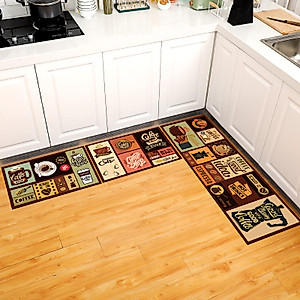 3 Pcs Kitchen Rug Set Non Skid Thick Black Kitchen Rugs and Mats Stain Resistant Anti Fatigue Mats for Kitchen Microfiber Floor Non Slip Backing Mat, 15.7 x 47.2, 15.7 x 23.6 (Coffee Style)