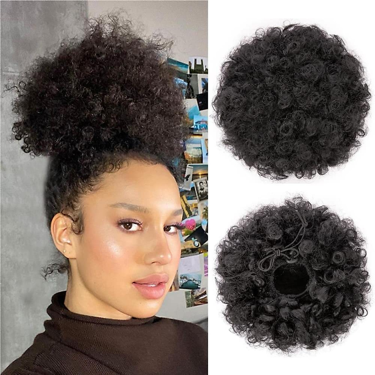 ISWEET Afro Puff Drawstring Ponytail, Black Curly Afro Bun Extensions Synthetic hair, Short Afro Hairpieces Updo hair for Black Women (Natural Black 1B)