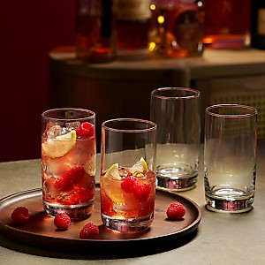 Set of 4 Highball Glasses 16 Oz Collins Cocktail Drinking Glass Cups, Bubble Base Glassware for Water, Juice, Cocktails, Beer Pint Glasses, Modern Basic Tumblers.