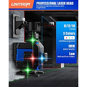 LDHTHOPI 4D 200FT Laser Level, Red/Green/Blue 3 Color laser level 360 self leveling, 16 Cross Line Laser with 2 Rechargeable Batteries for Ceiling, Floor, Construction and Picture Hanging