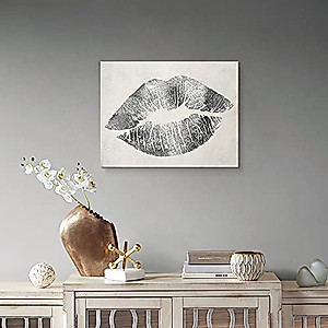 Silver Wall Decor Fashion Lip Canvas Art Black and White Sexy Lip Print Paintings Gallery Wrapped Framed Picture for Bedroom Makeup Room Bathroom Decoration 16x12Inch