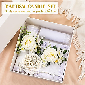 Threlaco 5 Pcs Baptism Candle Set Included Catholic Candle Devotional Candles with Flower, Baptism Towel, Rosary, Bible for Christenings Baptismal Party Favors(White)