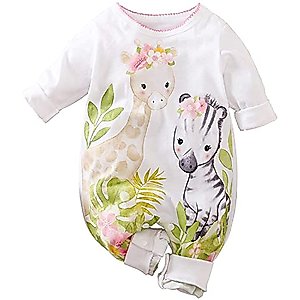 Aoswep - Cute Giraffe + Zebra With Floral Print Long Sleeve Baby Girl Clothes White Jumpsuit For Baby One-Piece Romper (0-3 Months)