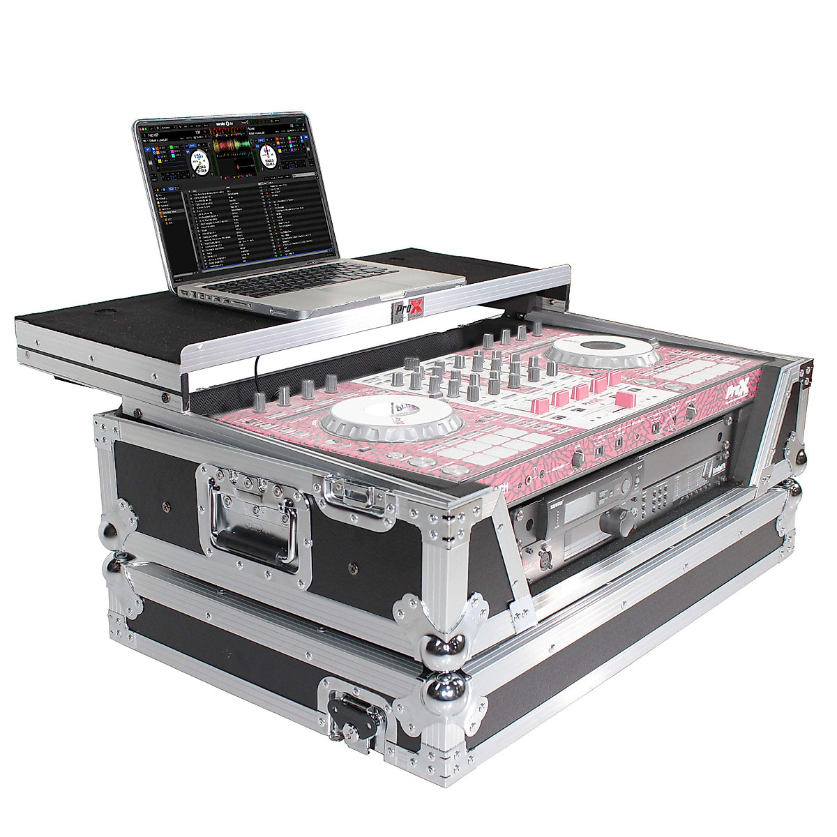 ProX Flight Case for Pioneer DDJSX3 DDJ-1000 SRT Controller with 2U Rack Space, Sliding Laptop Shelf,Wheels and LED Kit-Silver on Black Design - XS-SX1K2UWLTLED