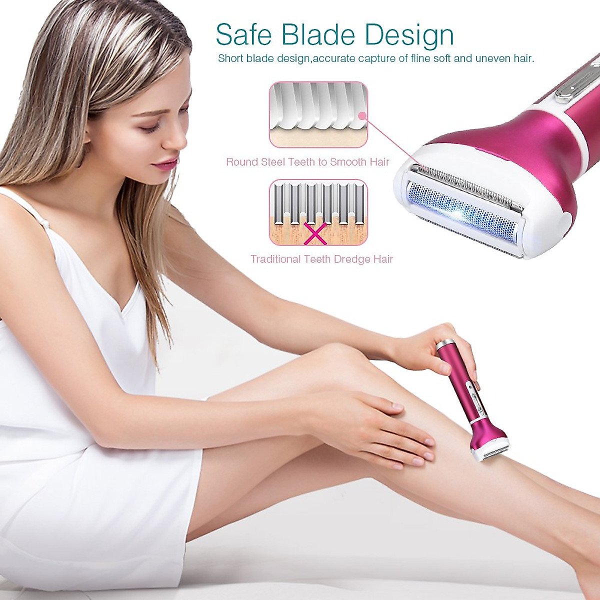 OOCOME Women Bikini Trimmer, 4 in 1 Woman Electric Shaver, Rechargeable Epilator Lady Hair Painless Shaver for Bikini Area/Nose/Armpit/Eyebrow/Facial