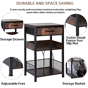 3 Tier End Table,Small Side Table with Storage Drawer,24.8 inch Tall Night Stand for Small Spaces, Brown Bedside Table,Side Table for Living Room,Bedroom,Office