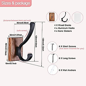 Wood Wall Hooks for Hanging - 4Pack Rustic Wood Coat Hooks Wall Mounted, FANJURNEY Wooden Heavy Duty Towel Hooks, Coats Hooks for Hanging Coats, Keys, Bag, Kitchen, Bathroom, Bedroom