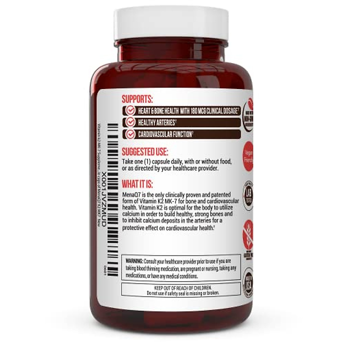 Vitamin k2 MK-7 Supplement 180mcg -Vitamin K2 Supports Bone & Heart Health for Cardiovascular Calcium Absorption from Arteries- 60 Easy to Swallow Vegetable caps of MenaQ7 K2 MK7