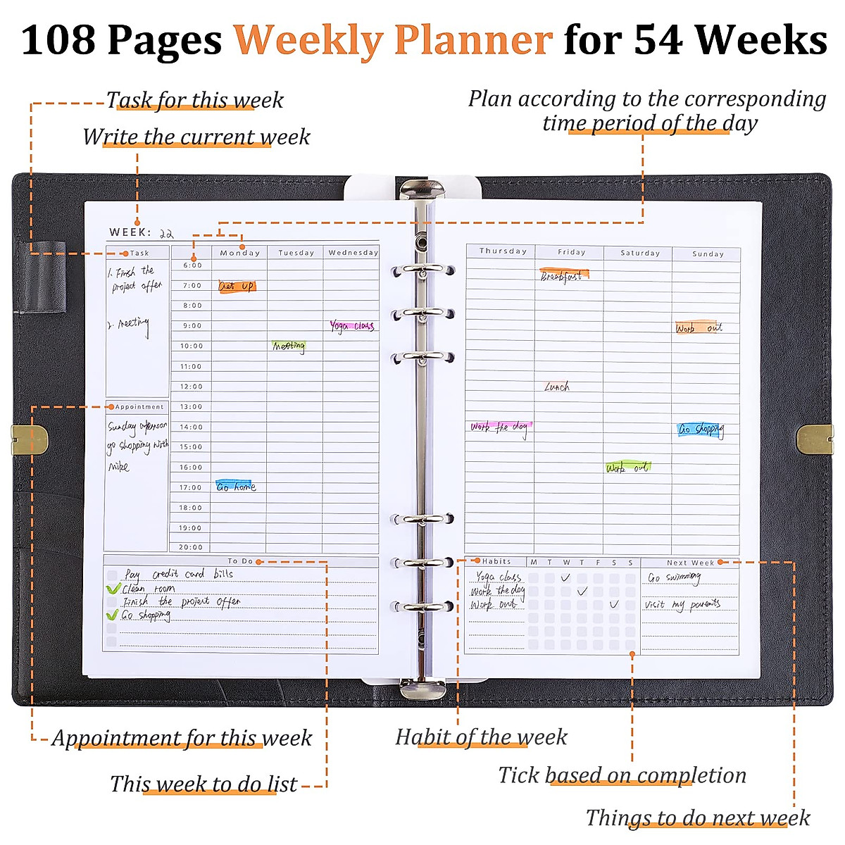 Daily Planner Undated, A5 Planner Weekly and Monthly to Do List Notepad PU Leather Appointment Book Cute Work Planner Binder with 24pcs Gift Stickers Habit Tracker